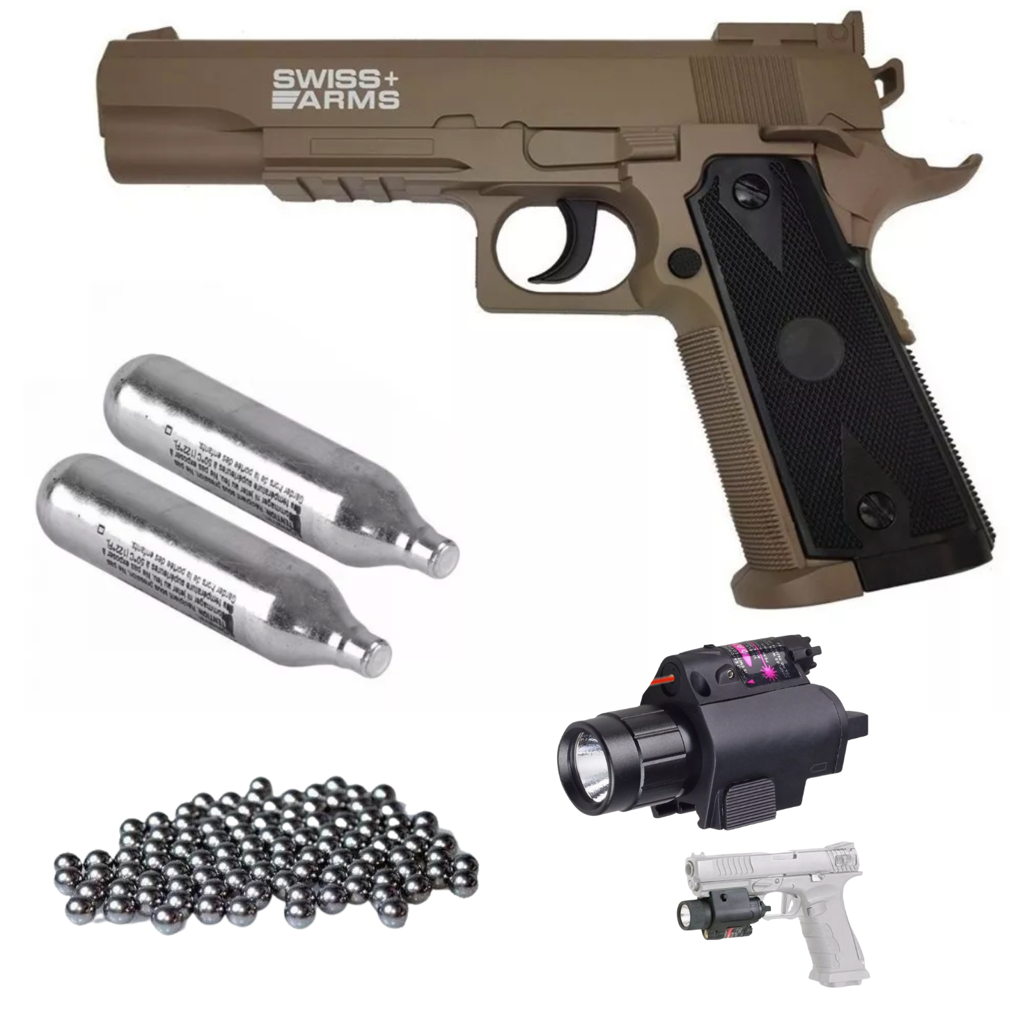 Pistola P1911 Coyote Swiss Arms 4.5+lintena Laser+2co2+500bb – Geoutdoor